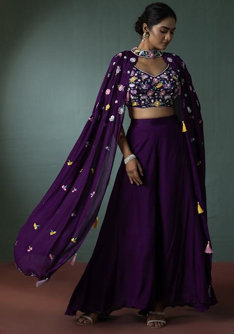 Buy Women Purple Sharara Set With Floral Sequin Embellished Blouse And ...