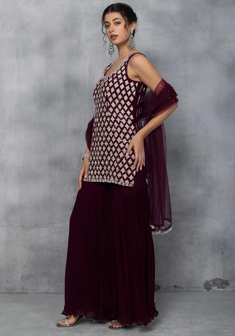 Buy Women Purple Sharara Set With Sequin Embellished Short Kurta And ...