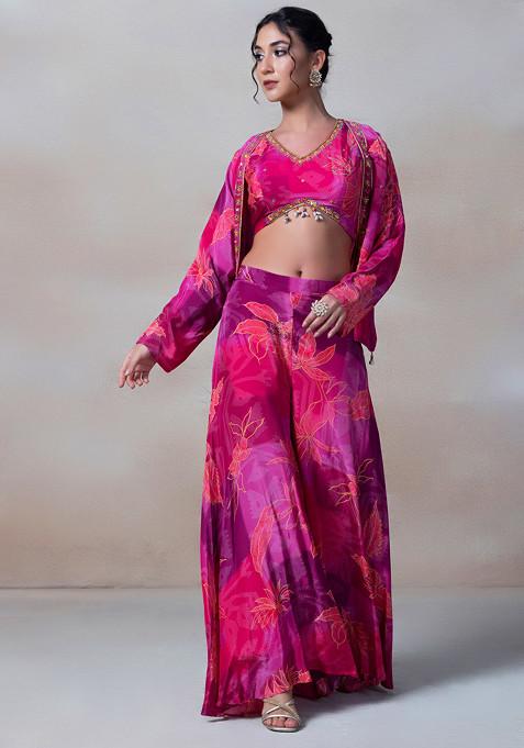 Buy Women Pink Floral Print Sharara Set With Sequin Embellished Blouse ...