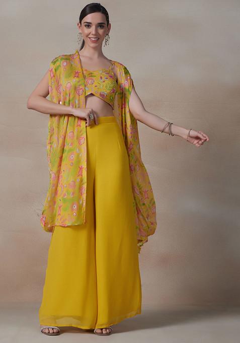 Buy Women Yellow Sharara Set With Embroidered Blouse And Jacket ...