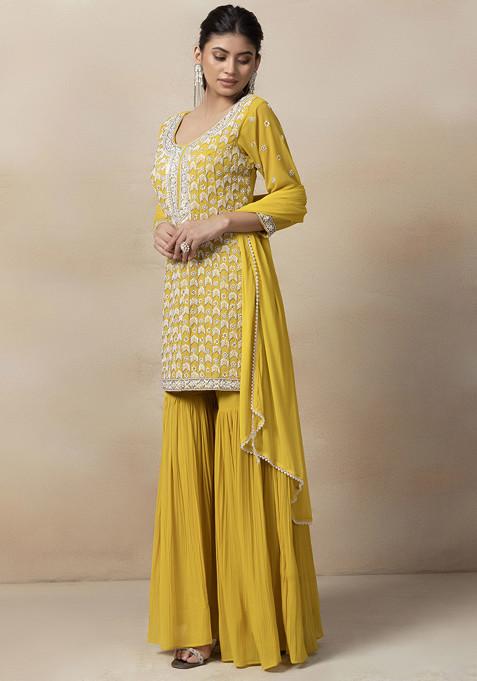 Buy Women Yellow Sharara Set With Bead Embellished Kurta And Dupatta ...