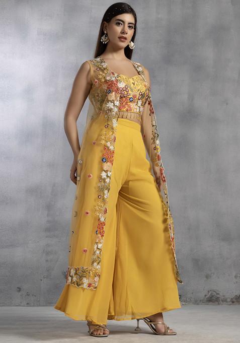 Buy Women Yellow Sharara Set With Floral Zari Bead Embroidered Blouse ...