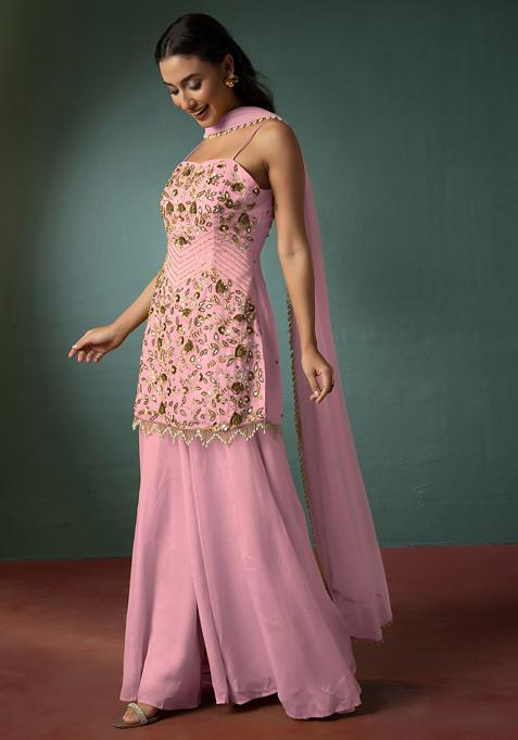 Buy Women Blush Pink Palazzo Set With Floral Hand Embroidered Short ...