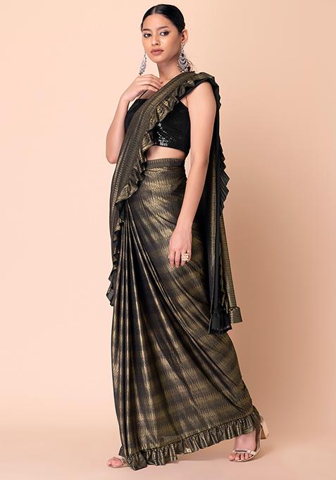 Buy Women Black And Gold Ruffle Hem Pre-Stitched Saree Set With ...