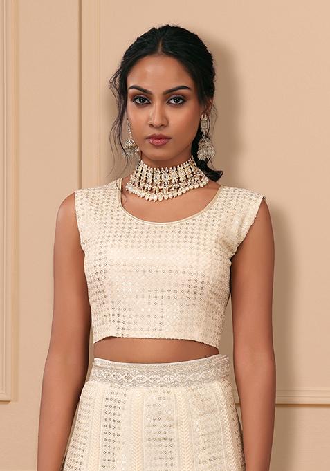 Buy Women Ivory Sequin Embroidered Lehenga Set With Stitched Blouse And