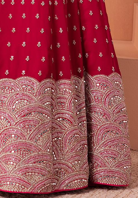 Buy Women Red Zari Embroidered Lehenga Set With Blouse And Dupatta