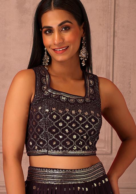 Buy Women Wine Sequin Embroidered Lehenga Set With Blouse And Dupatta Ill00176 Ready To Wear