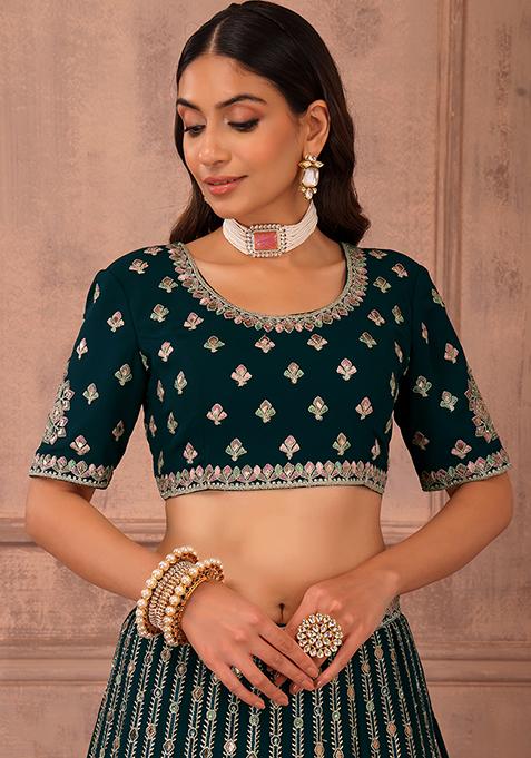 Buy Women Turquoise Thread Embroidered Lehenga Set With Blouse And Contrast Dupatta - ILL00232 ...