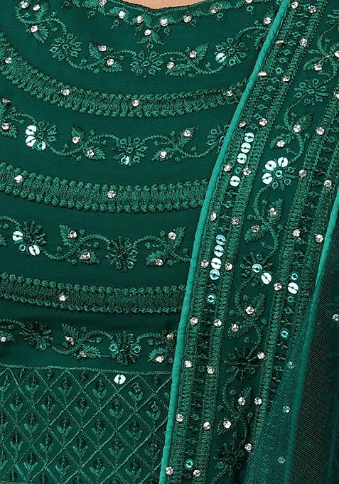 Buy Women Emerald Green Thread And Sequin Embroidered Lehenga Set With Blouse And Dupatta ...