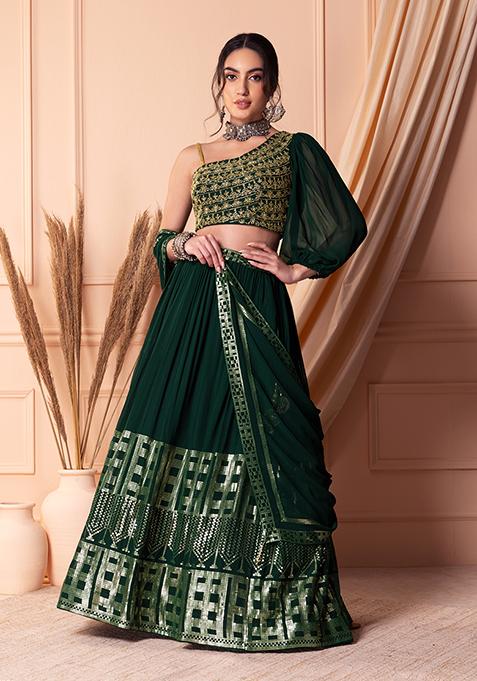 Buy Women Dark Green Matte Sequin Lehenga Set With Blouse And Dupatta ...