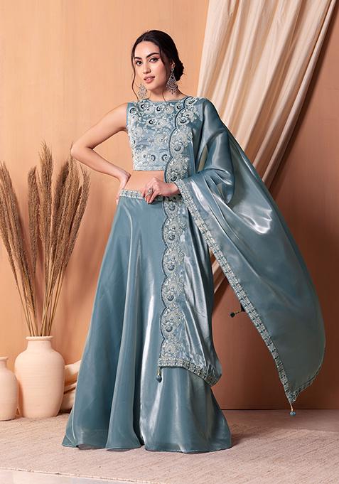 Buy Women Light Blue Lehenga Set With Floral Embroidered Blouse And ...