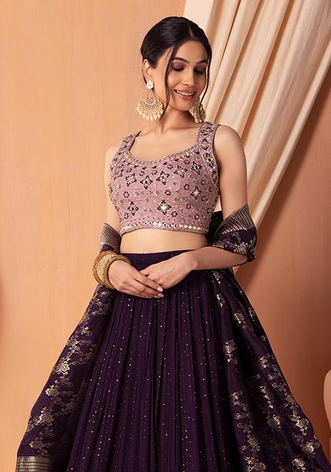 Buy Women Dark Purple Tiered Lehenga Set With Contrast Embroidered ...