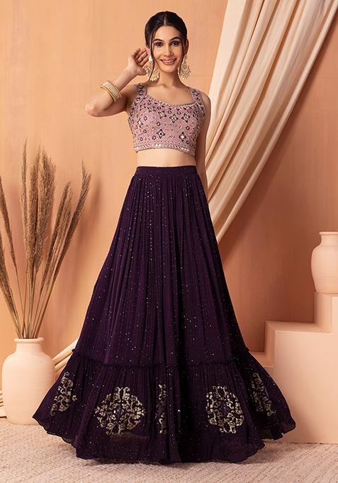 Buy Women Dark Purple Tiered Lehenga Set With Contrast Embroidered ...
