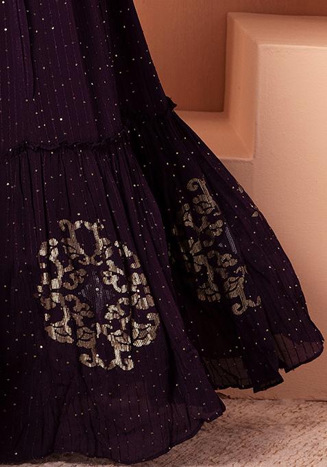 Buy Women Dark Purple Tiered Lehenga Set With Contrast Embroidered ...