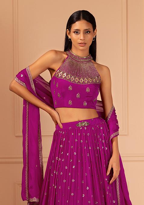 Buy Women Dark Pink Zari Embroidered Lehenga Set With Halter Blouse And ...