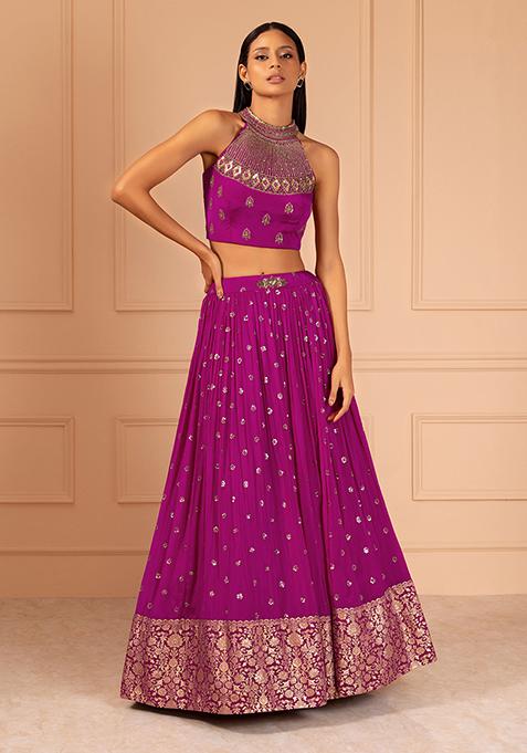 Buy Women Dark Pink Zari Embroidered Lehenga Set With Halter Blouse And ...