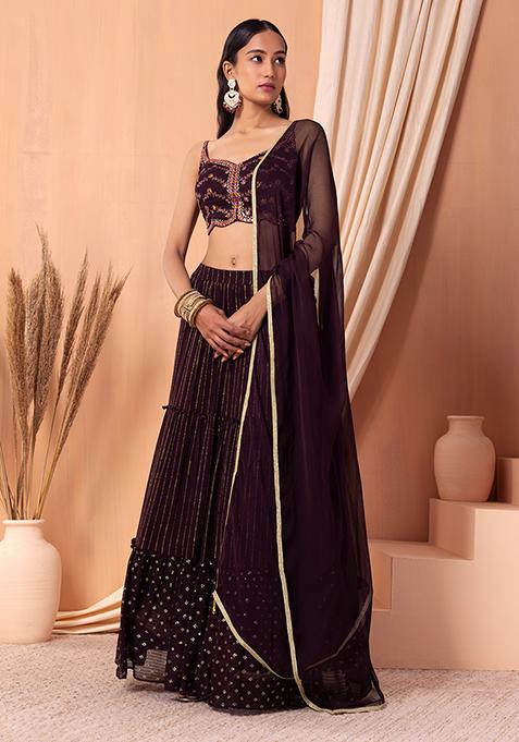 Buy Women Dark Purple Tiered Lehenga Set With Embroidered Blouse And ...