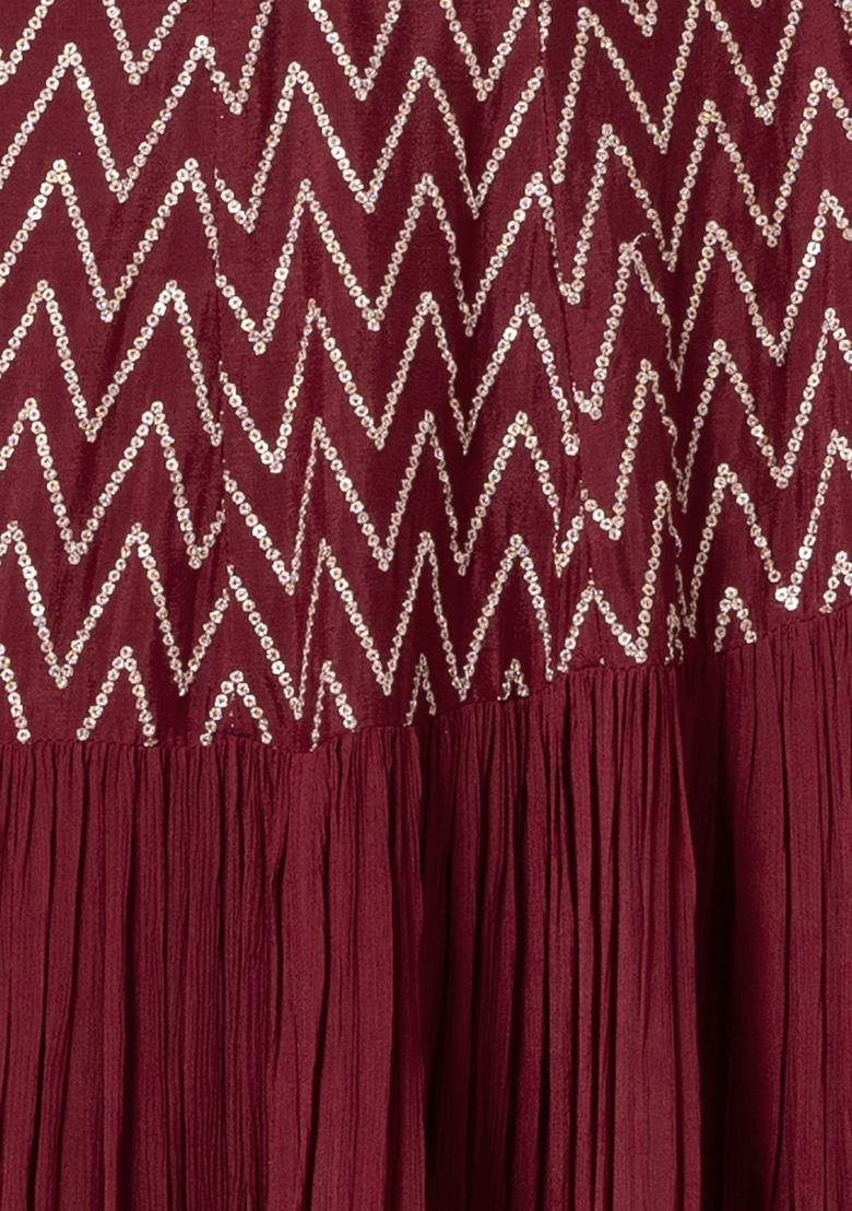 Buy Women Maroon Chevron Sequin Embroidered Tiered Lehenga Set With ...