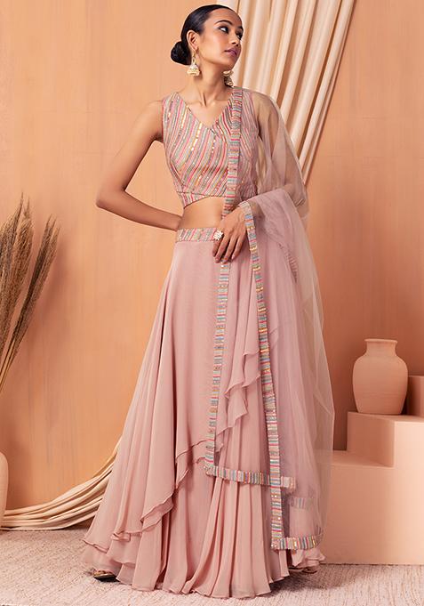 Buy Women Dull Pink Lehenga Set With Multicolour Embroidered Blouse And ...