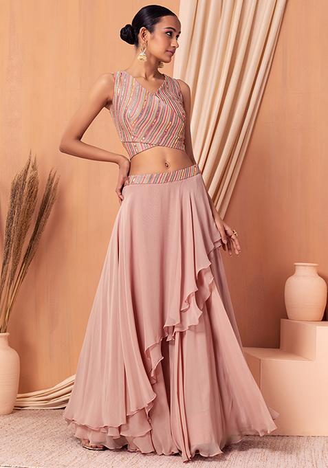 Buy Women Dull Pink Lehenga Set With Multicolour Embroidered Blouse And ...