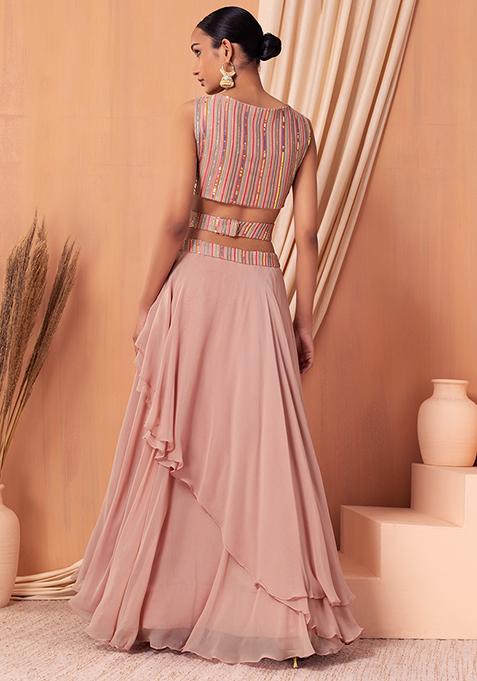 Buy Women Dull Pink Lehenga Set With Multicolour Embroidered Blouse And ...