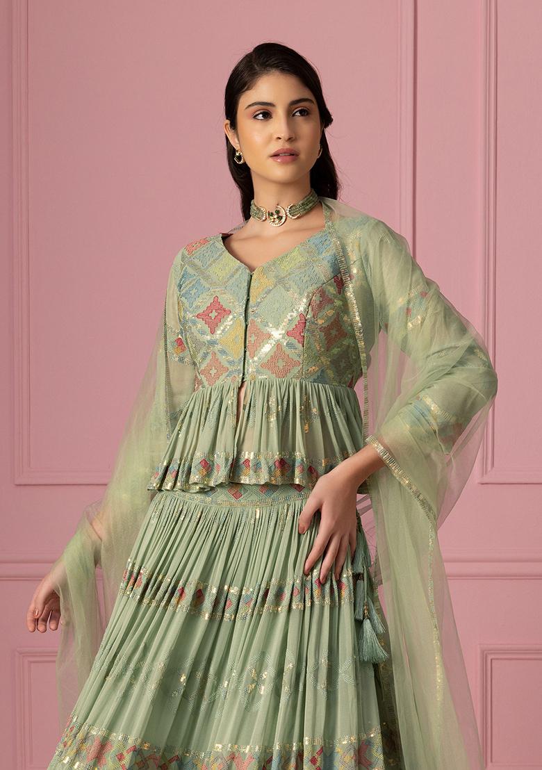 Buy Women Seafoam Sequin Embroidered Lehenga Set With Peplum Kurta And
