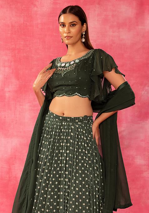 Buy Women Moss Green Polka Dot Print Lehenga Set With Embroidered ...