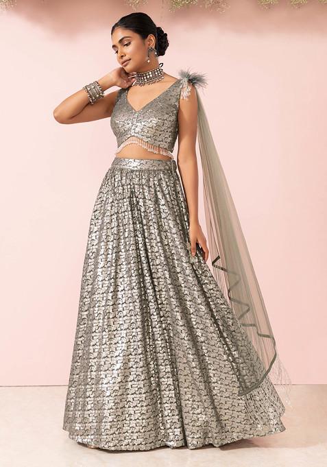 Buy Women Grey Abstract Sequin Embroidered Mesh Lehenga Set With ...