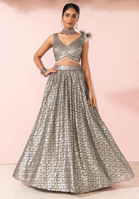 Buy Women Grey Abstract Sequin Embroidered Mesh Lehenga Set With ...