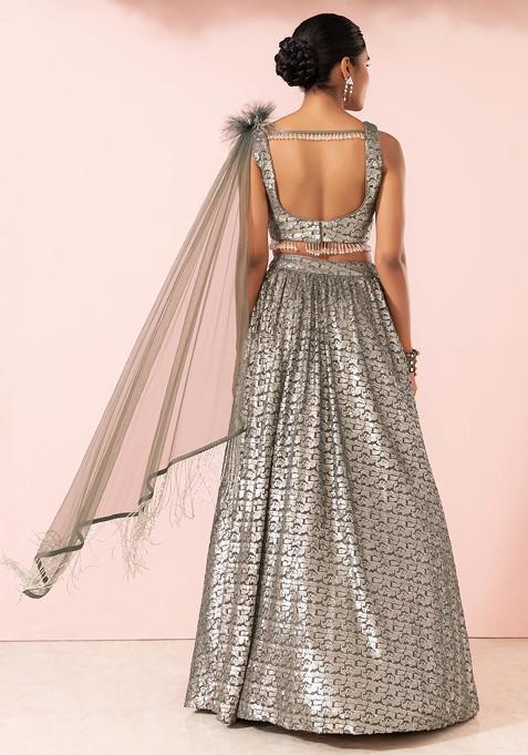 Buy Women Grey Abstract Sequin Embroidered Mesh Lehenga Set With ...