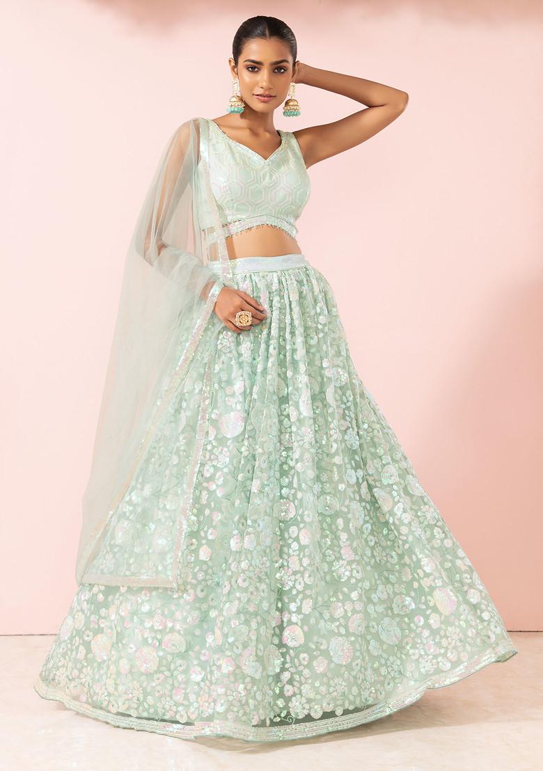 Buy Women Seafoam Unicorn Sequin Embroidered Lehenga Set With