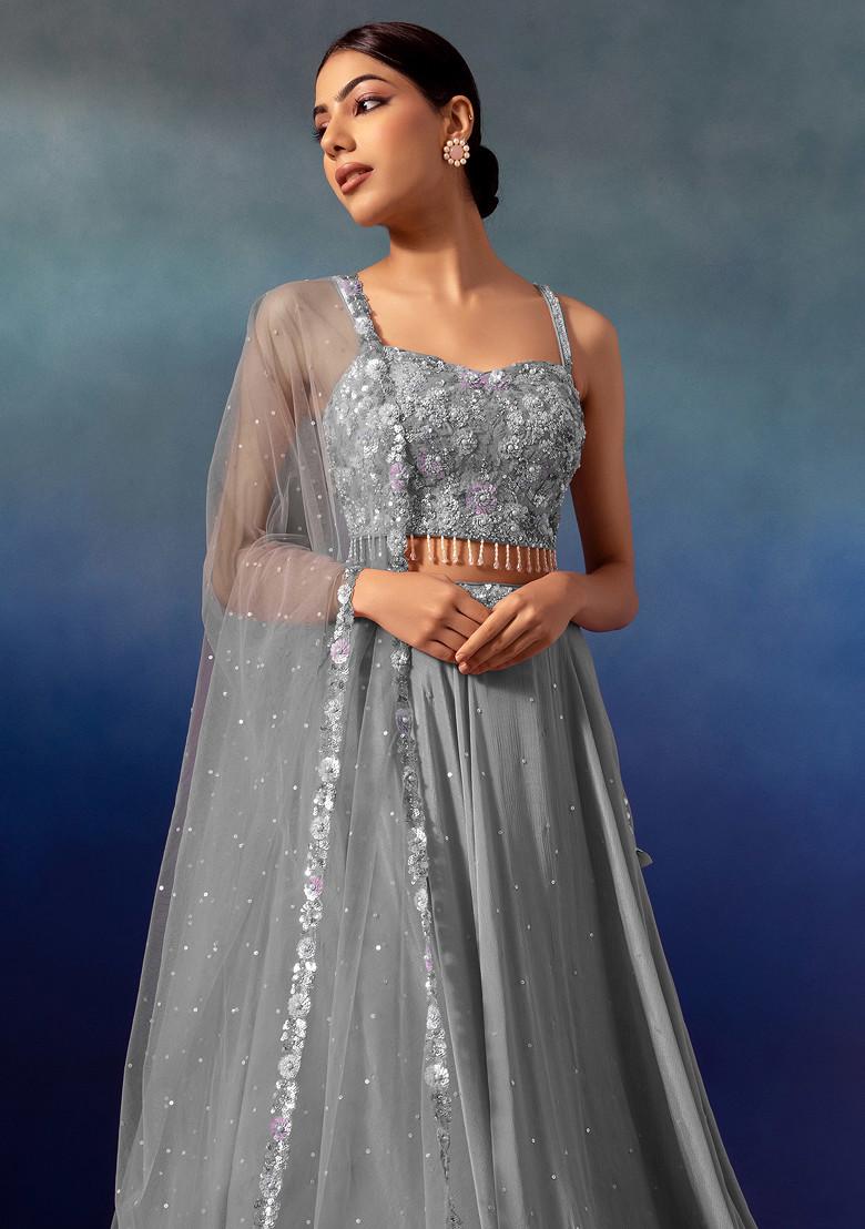 Buy Women Light Grey Lehenga Set With Sequin Embellished Blouse And ...