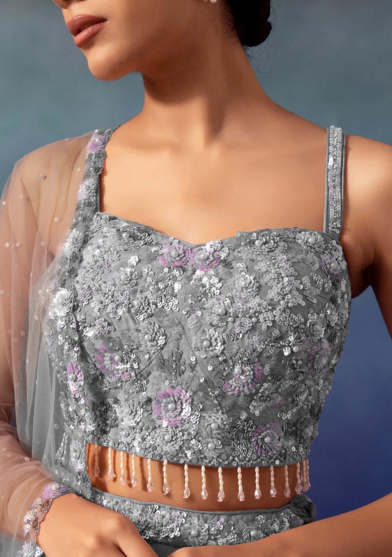 Buy Women Light Grey Lehenga Set With Sequin Embellished Blouse And ...