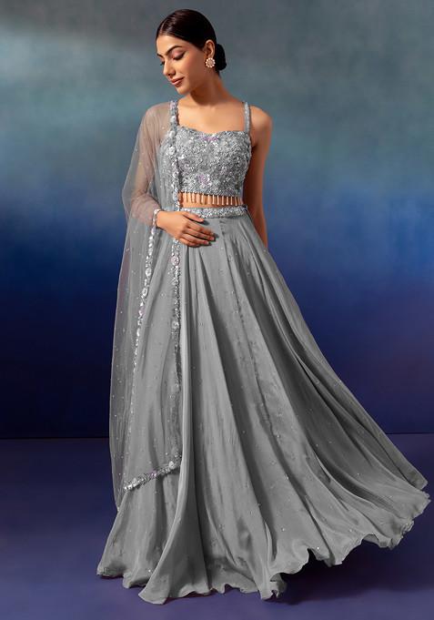 Buy Women Light Grey Lehenga Set With Sequin Embellished Blouse And ...