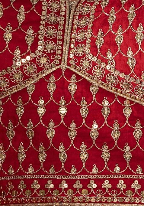 Buy Women Red Zari Embroidered Silk Bridal Lehenga And Blouse Set With