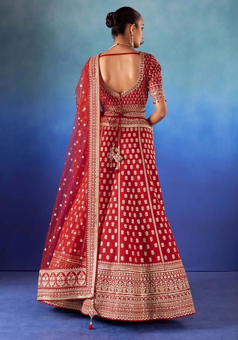 Buy Women Red Zari Embroidered Silk Bridal Lehenga And Blouse Set With