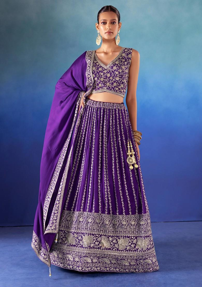 Buy Women Bright Purple Zari Stripe Embroidered Lehenga Set With ...