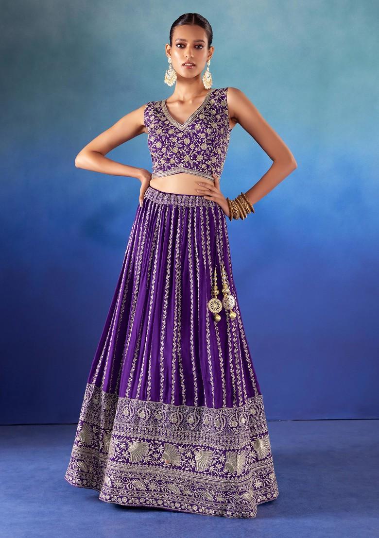 Buy Women Bright Purple Zari Stripe Embroidered Lehenga Set With ...