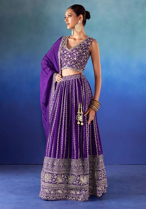 Buy Women Bright Purple Zari Stripe Embroidered Lehenga Set With ...