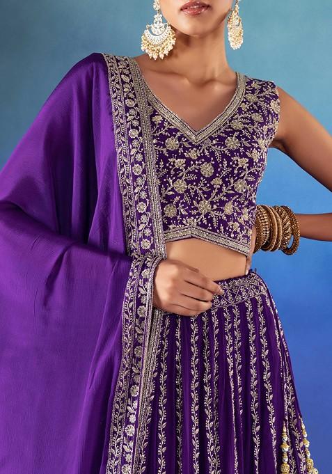 Buy Women Bright Purple Zari Stripe Embroidered Lehenga Set With ...