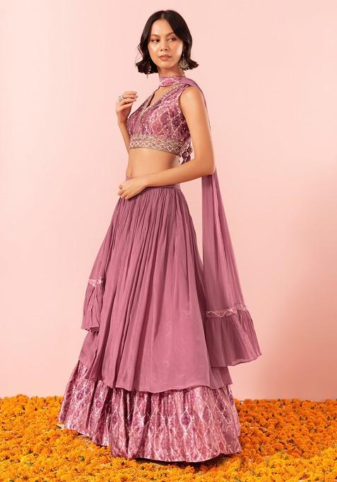 Buy Women Dull Pink Lehenga Set With Abstract Print Blouse And Dupatta ...