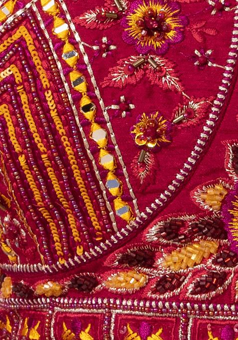 Buy Women Berry Pink Bandhani Print Lehenga Set With Mirror Embellished ...