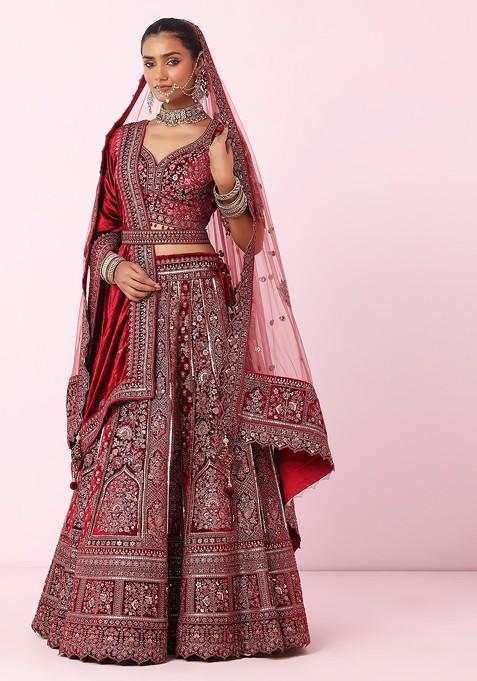 Buy Women Dull Pink Zari Embroidered Velvet Bridal Lehenga And Blouse ...