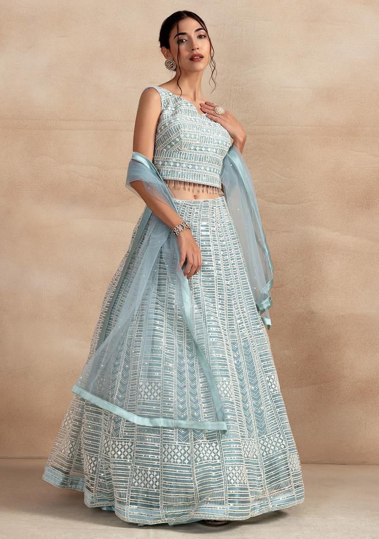 Buy Women Seafoam Abstract Sequin Thread Embroidered Lehenga Set With
