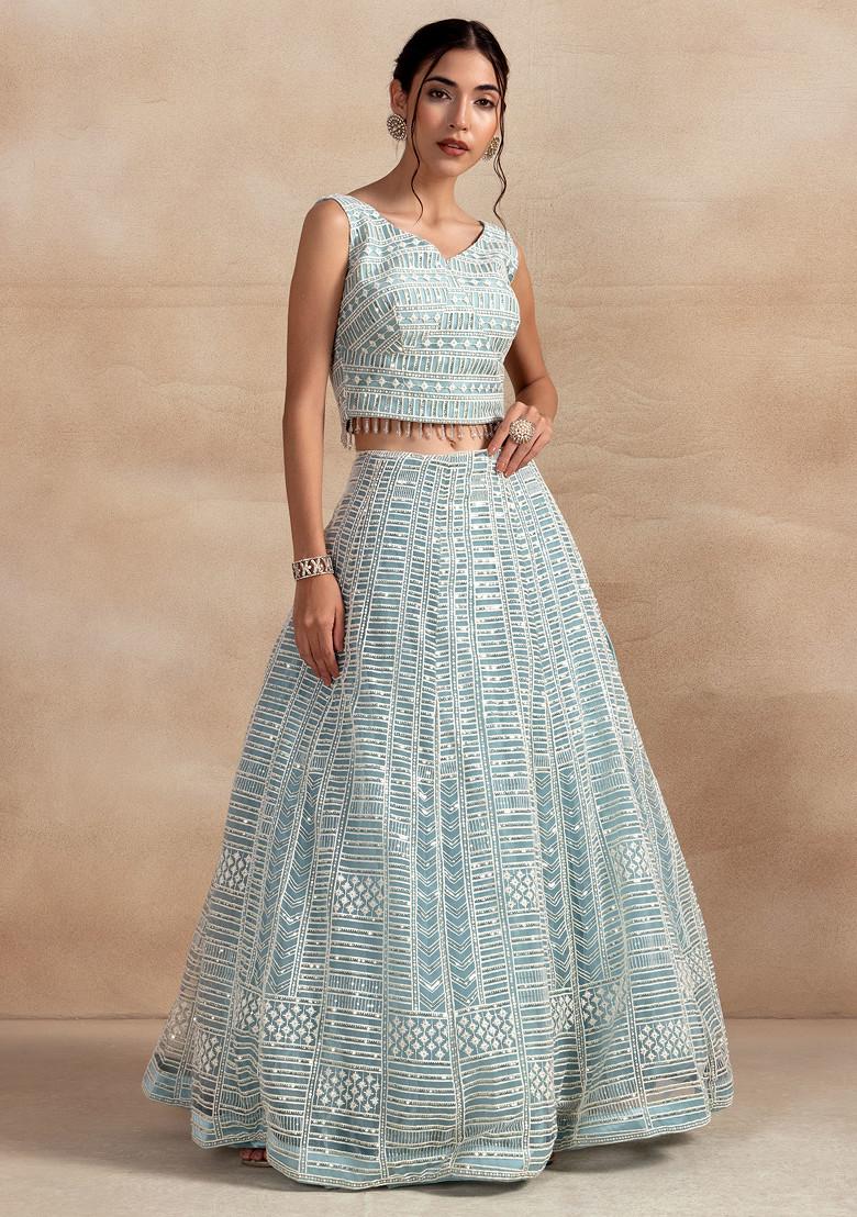 Buy Women Seafoam Abstract Sequin Thread Embroidered Lehenga Set With