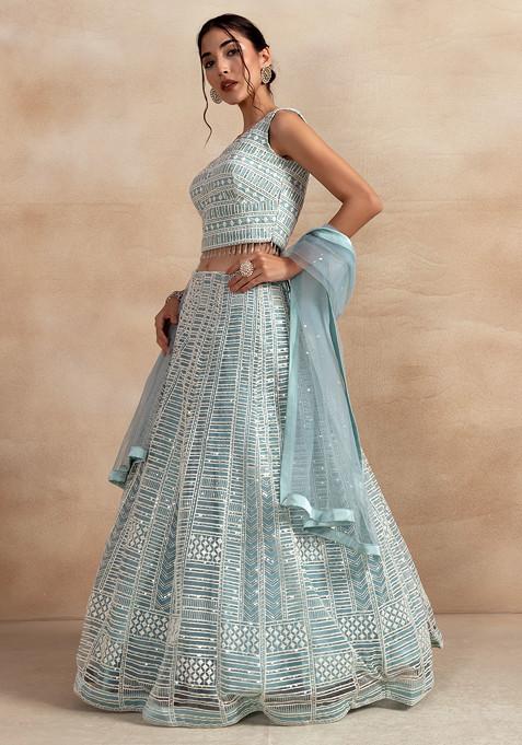 Buy Women Seafoam Abstract Sequin Thread Embroidered Lehenga Set With