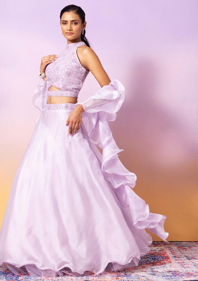 Buy Women Lilac Shimmer Organza Lehenga Set With Embroidered Halter ...
