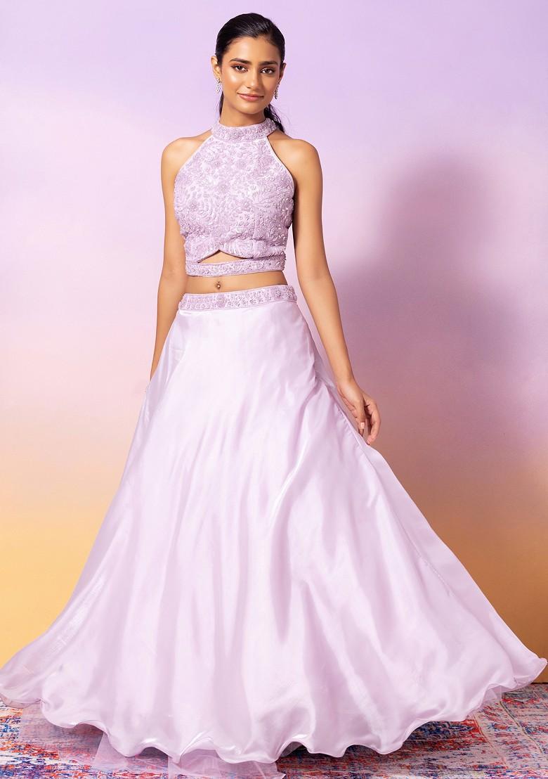 Buy Women Lilac Shimmer Organza Lehenga Set With Embroidered Halter ...