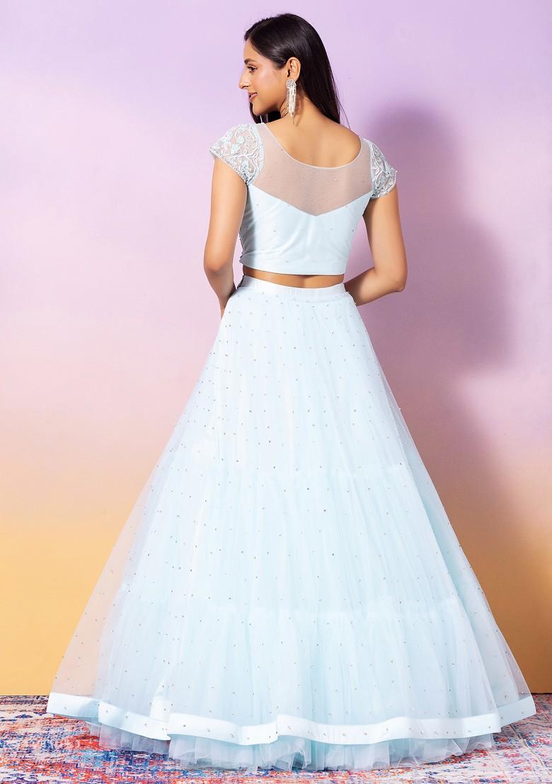 Buy Women Light Blue Mesh Lehenga Set With Floral Embroidered Blouse ...