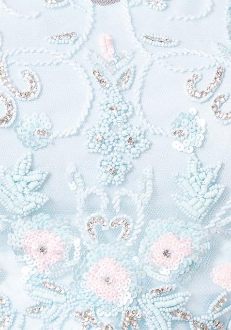 Buy Women Light Blue Mesh Lehenga Set With Floral Embroidered Blouse ...